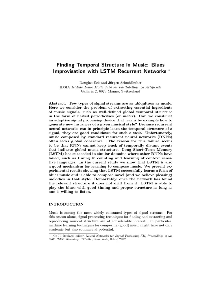 Finding Temporal Structure in Music: Blues Improvisation With LSTM Recurrent Networks | PDF ...