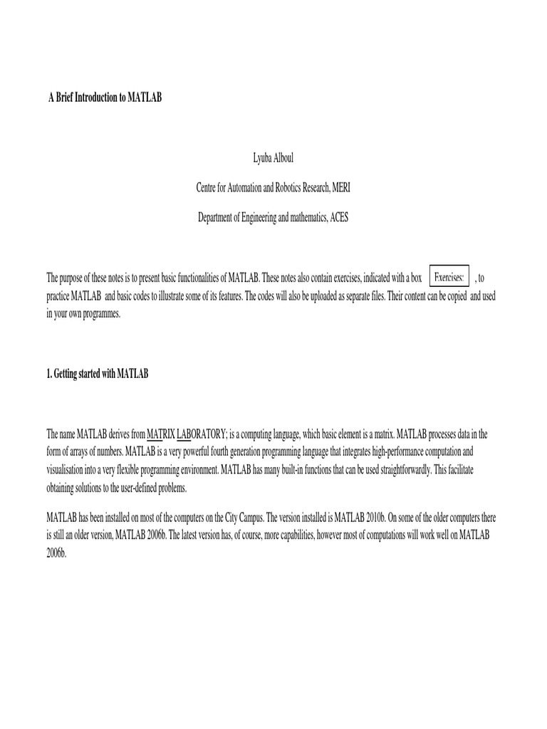 Getting Started With MATLAB - Part1 | PDF | Matlab | Array Data Structure