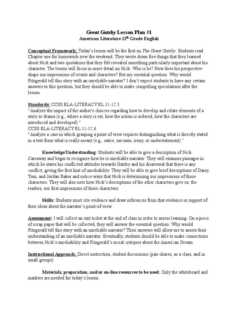 11th Grade Gatsby Lesson Plan | PDF | The Great Gatsby | Narration