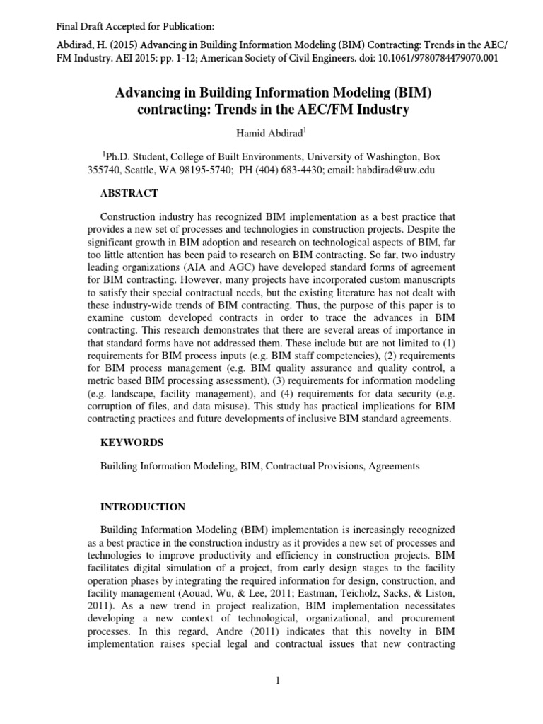 Advancing in Building Information Modeling (BIM) Contracting: Trends in ...