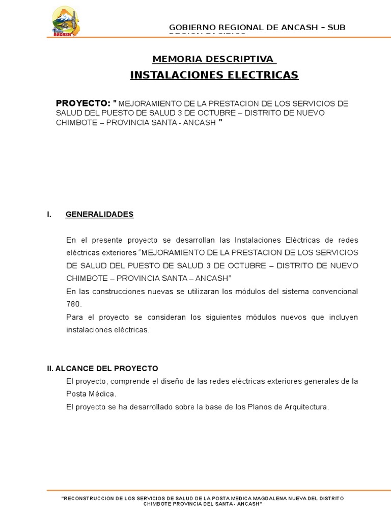 Memoria Descriptiva Electricas | PDF | Corriente eléctrica | Energia electrica