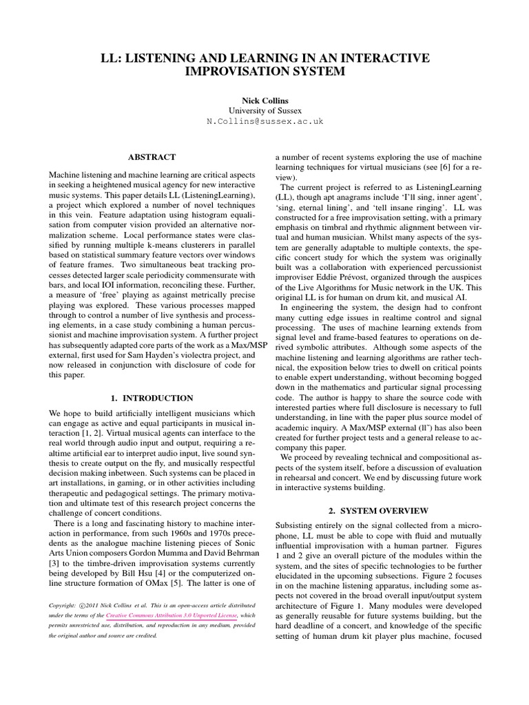 LL: Listening and Learning in An Interactive Improvisation System | PDF | Cluster Analysis ...