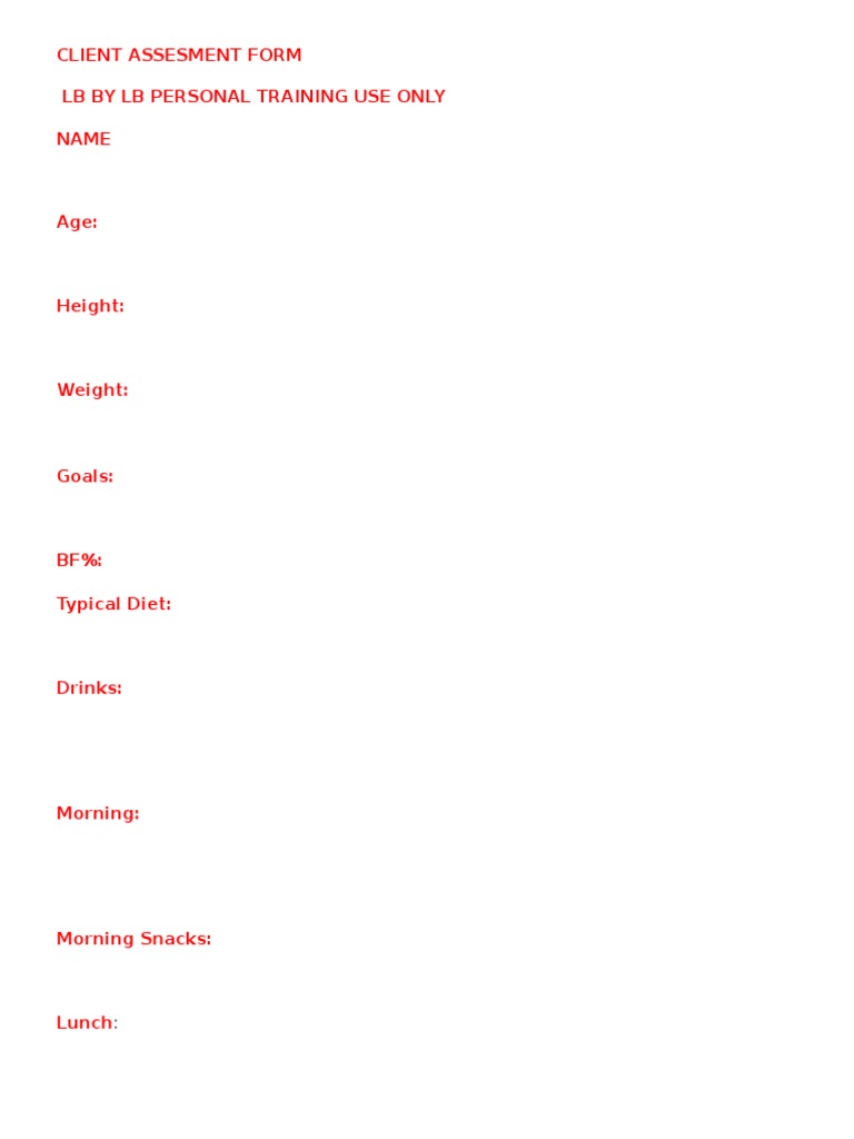 Client Assesment Form LB by LB Personal Training Use Only Name | PDF