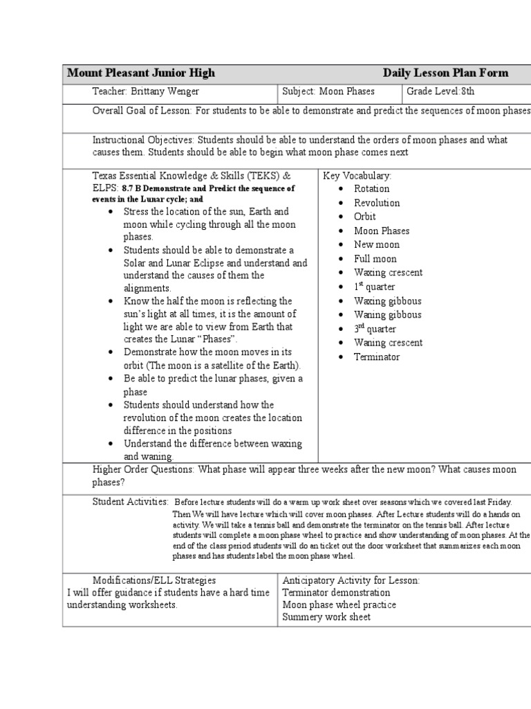 8th Grade Moon Phases Lesson Plan | PDF | Moon | Planetary Science