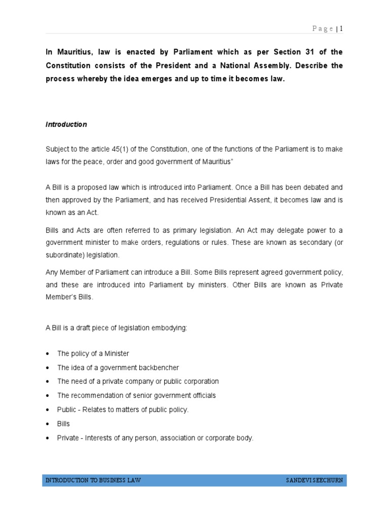 Legislative Process in Mauritius | PDF | Royal Assent | Bill (Law)