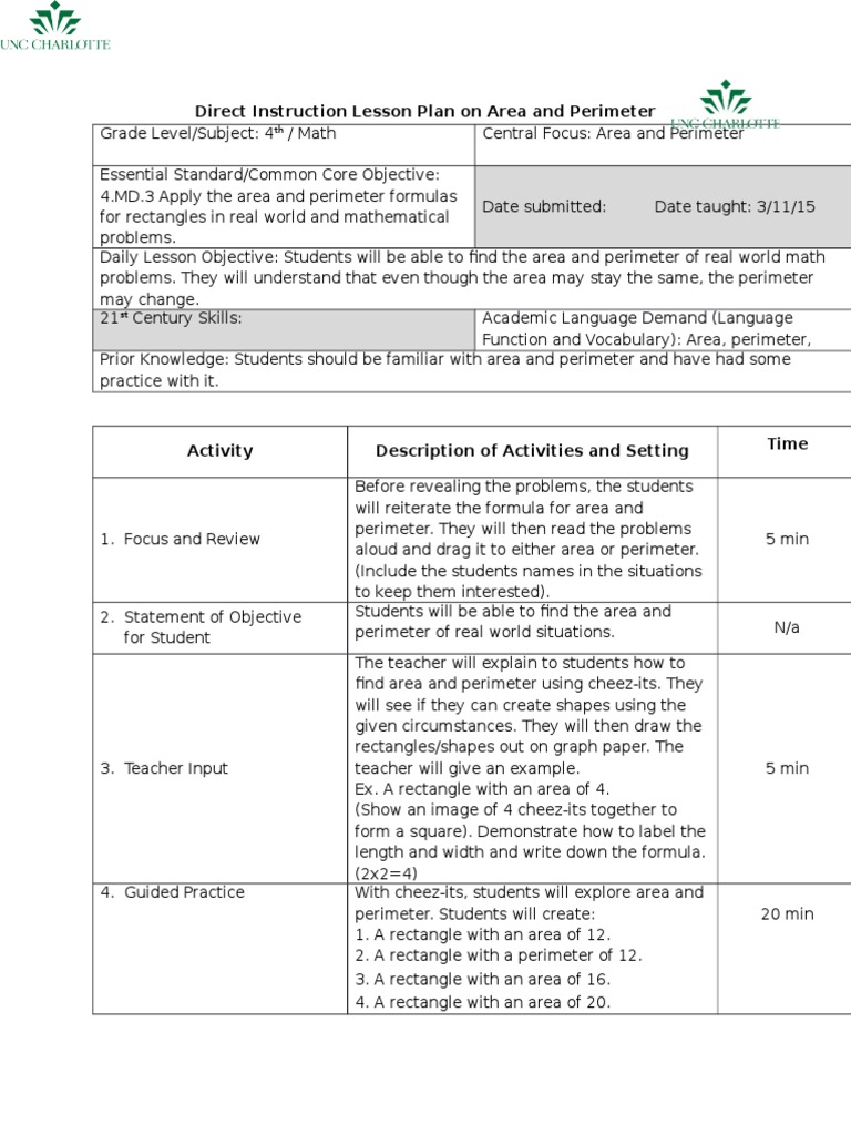 area and perimeter lesson plan | Lesson Plan | Educational Assessment