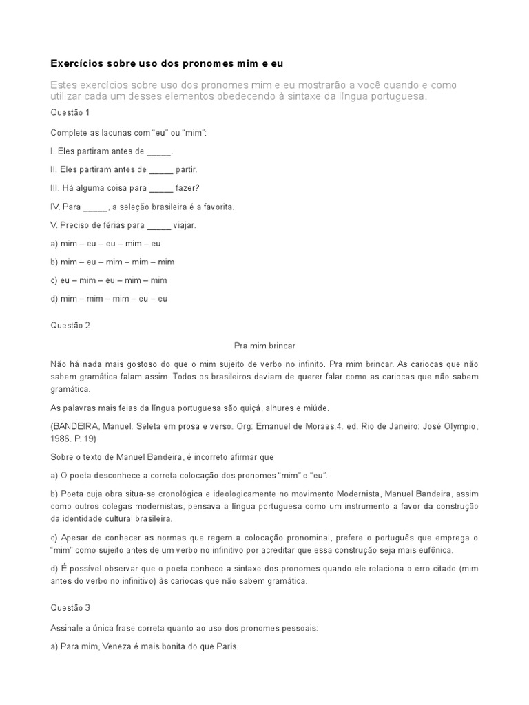 Uso Dos Pronomes Mim e Eu | PDF | Pronome | Assunto (gramática)