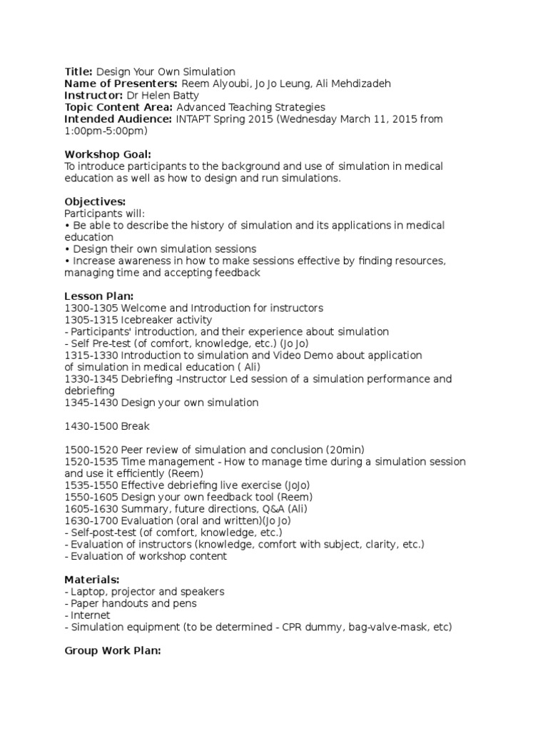 Updated Workshop Outline | PDF | Simulation | Lesson Plan