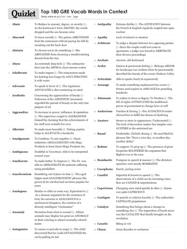 Top 180 GRE Vocab Words in Context - Table | PDF | Science ...