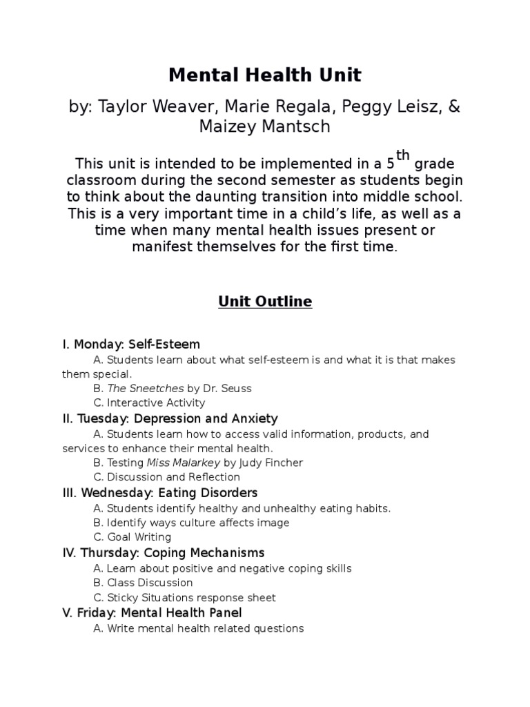 Mental Health Unit: By: Taylor Weaver, Marie Regala, Peggy Leisz ...