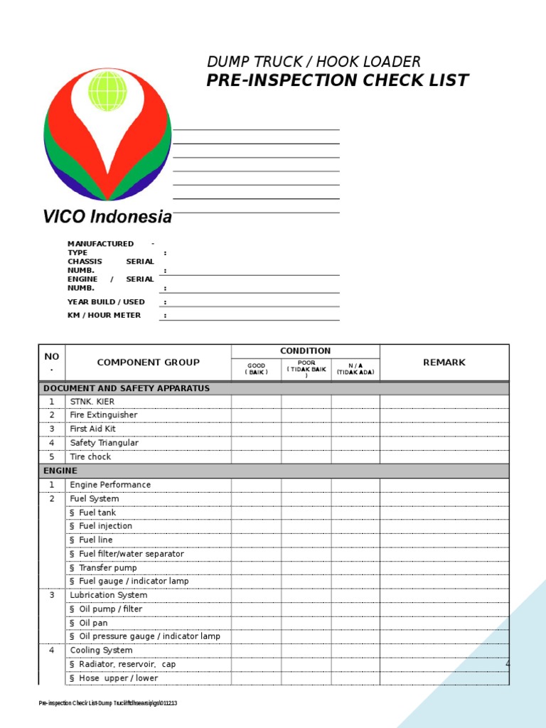 Dump Truck Pre-Inspection Checklist | PDF | Steering | Truck