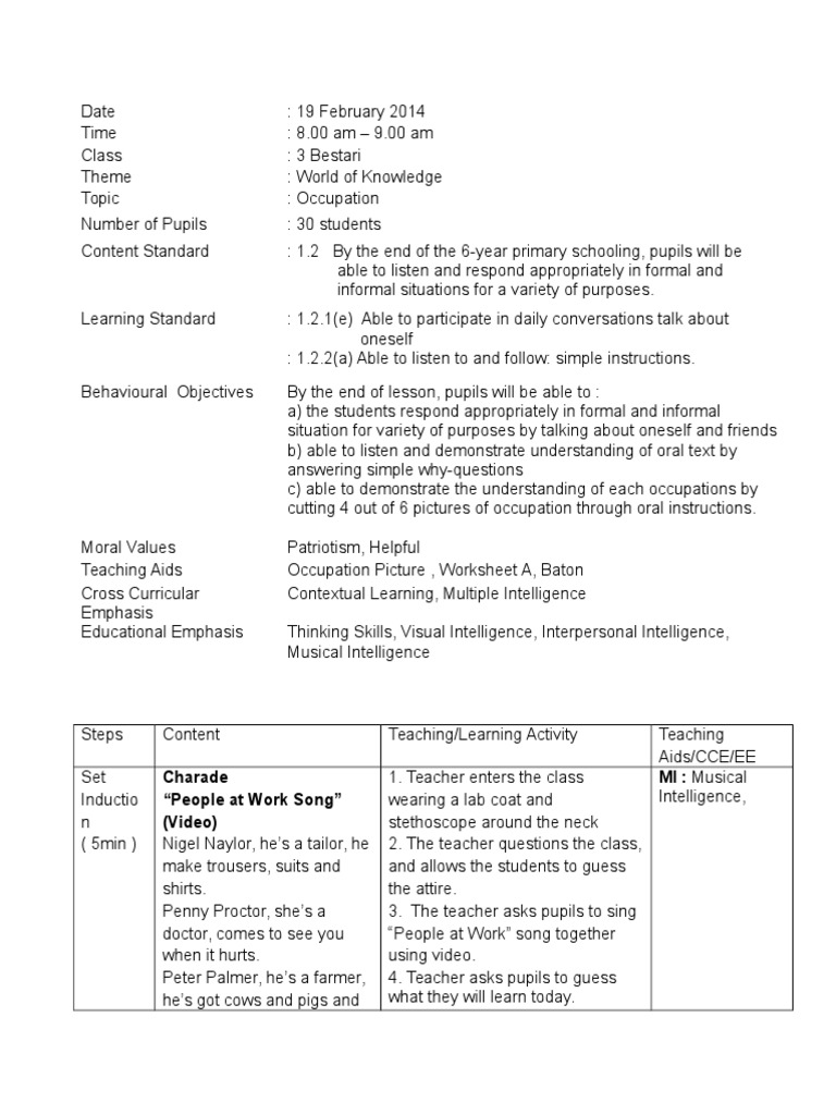 My Lesson Plan Occupation | Lesson Plan | Psychological Concepts | Free ...