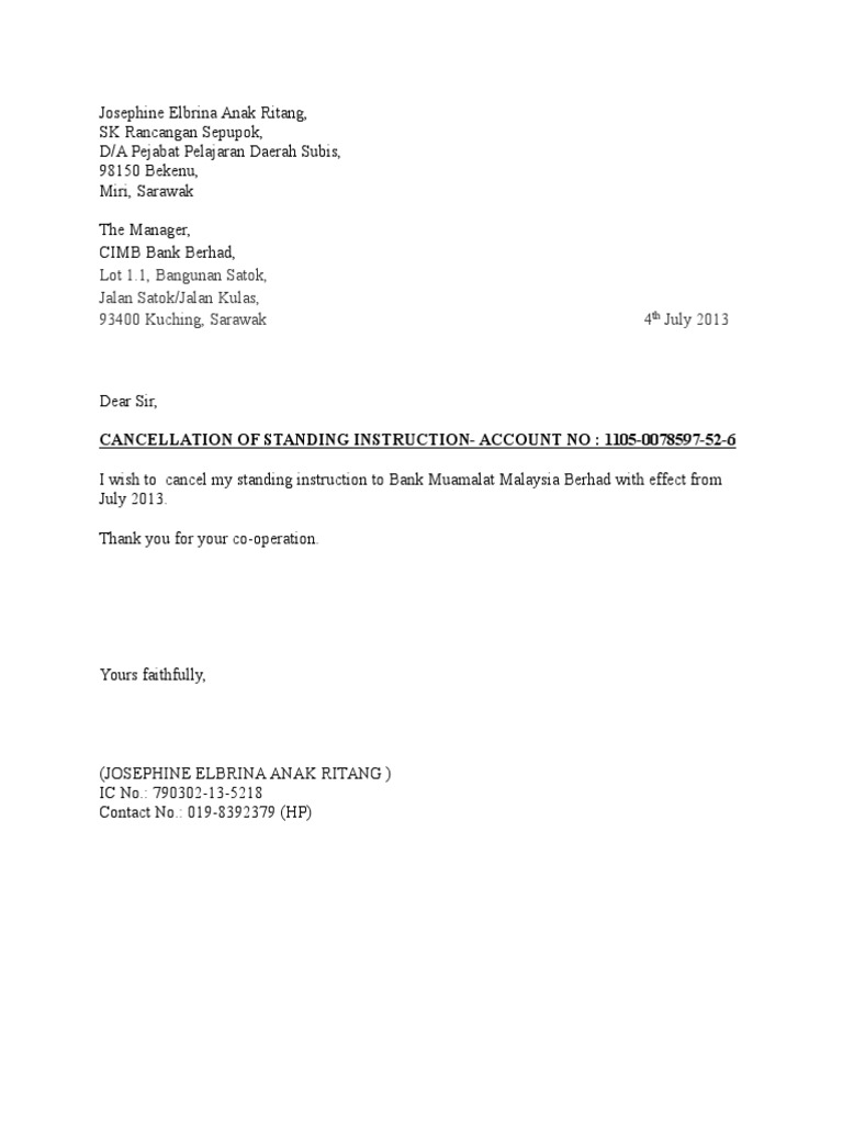 Standing Instruction Cancellation Letter | PDF