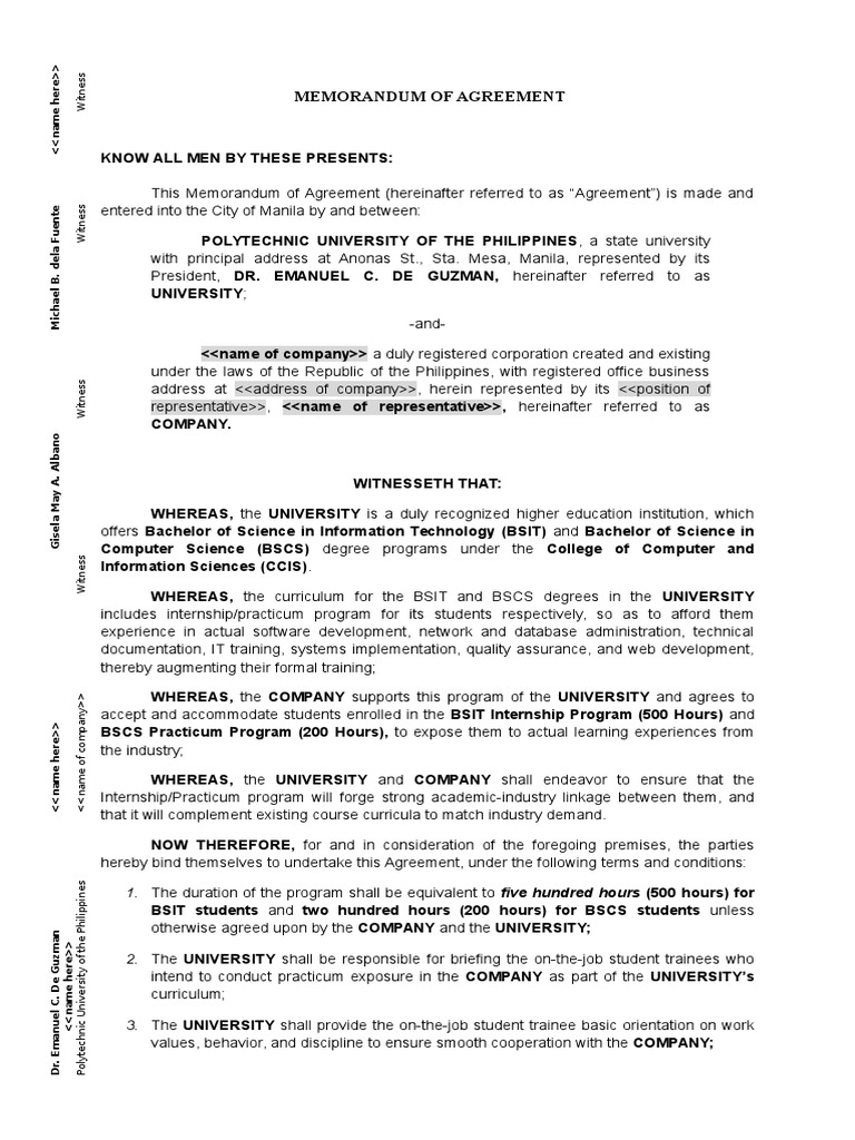 MOA OJT Template | PDF | Internship | Job Hunting