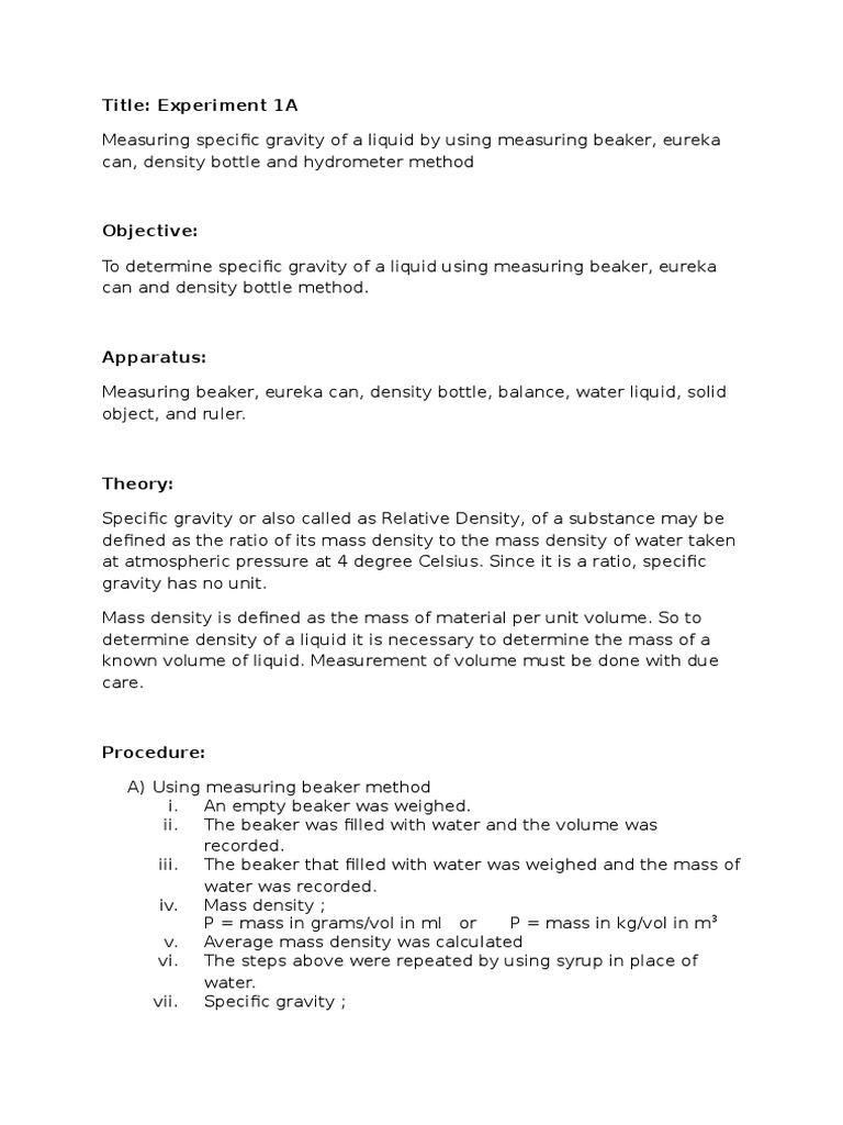 Lab Report Operation Unit Experiment 1 A Measuring Specific Gravity