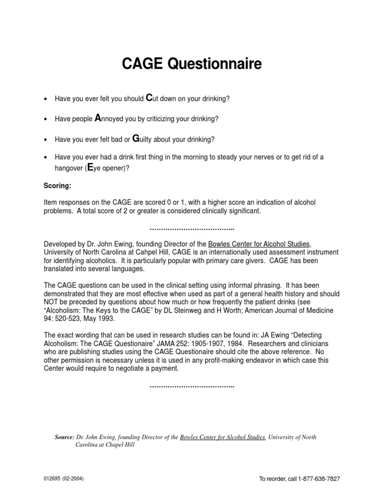 CAGE Questionnaire for Alcohol Assessment | PDF | Self-Improvement