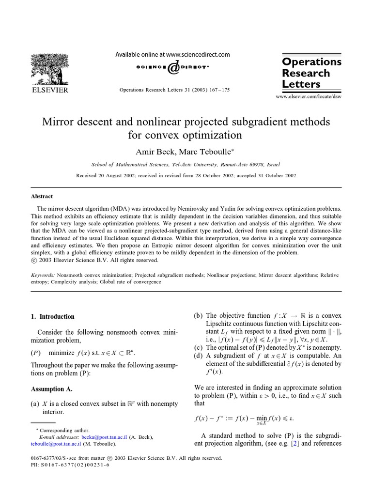 Mirror Descent and Nonlinear Projected Subgradient Methods For Convex Optimization | PDF ...