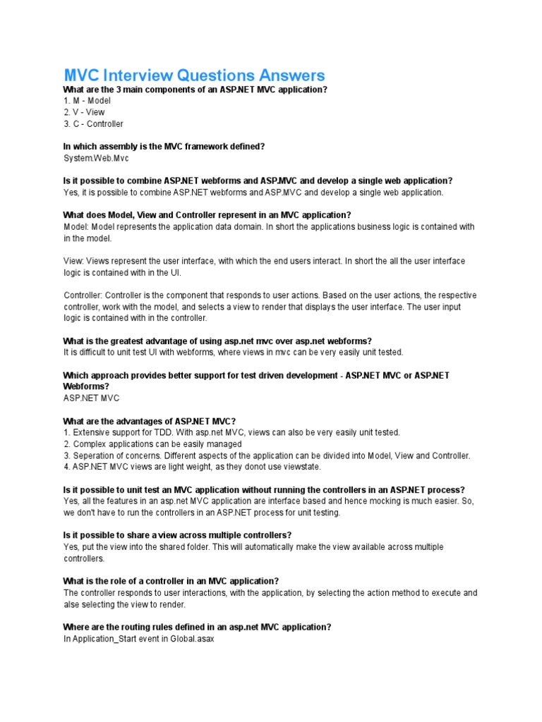 MVC Interview Questions Answers | PDF | Model–View–Controller ...