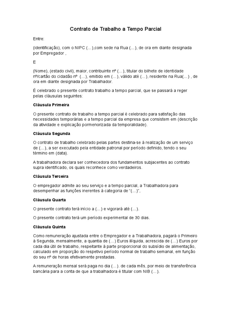 Minuta Contrato Trabalho Tempo Parcial | PDF | Trabalho temporário | Business