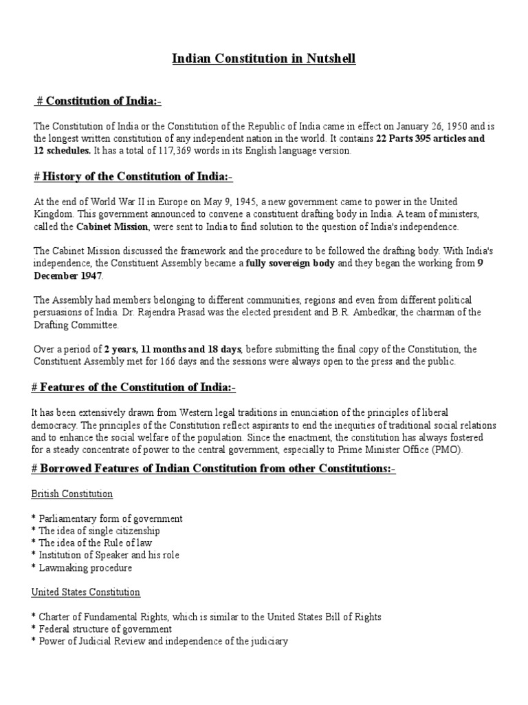 Indian Constitution in Nutshell | PDF | Official Documents | Sources Of Law
