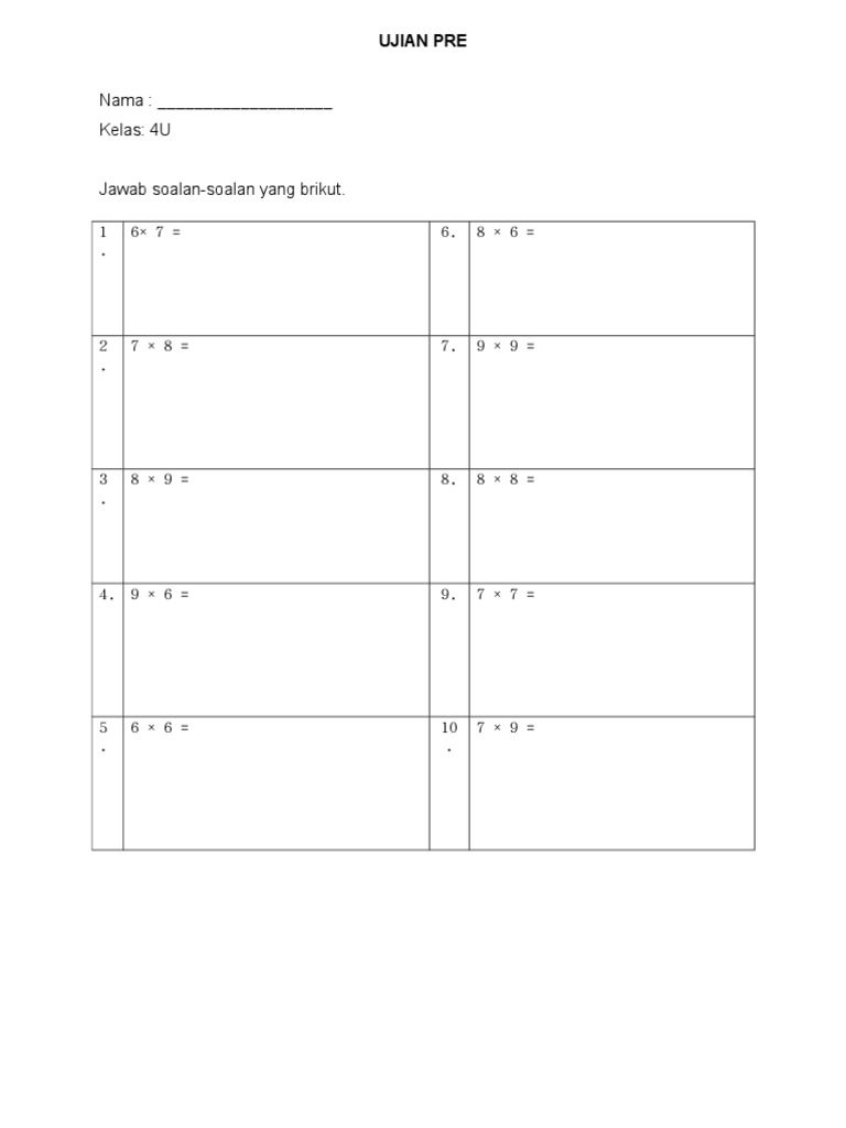 Ujian Pre Kelas 4U: Soalan Matematik | PDF