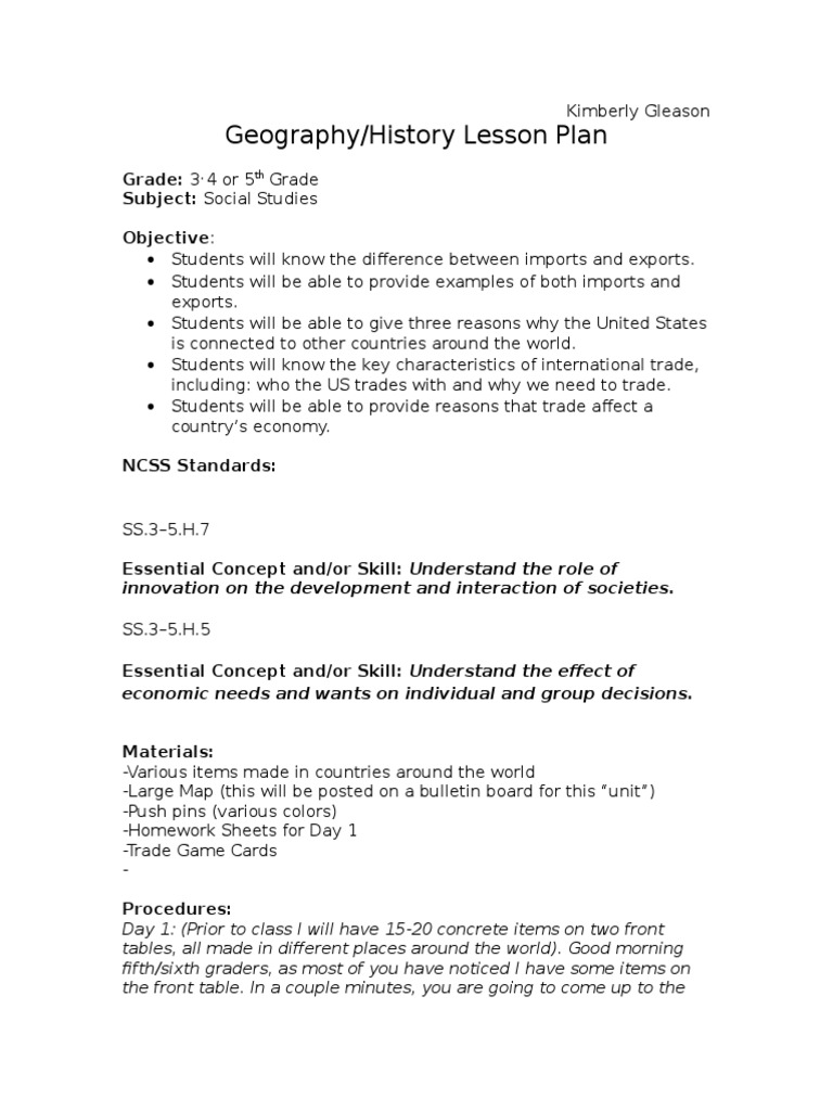 Geography/History Lesson Plan: Grade: 3 Subject: Social Studies ...