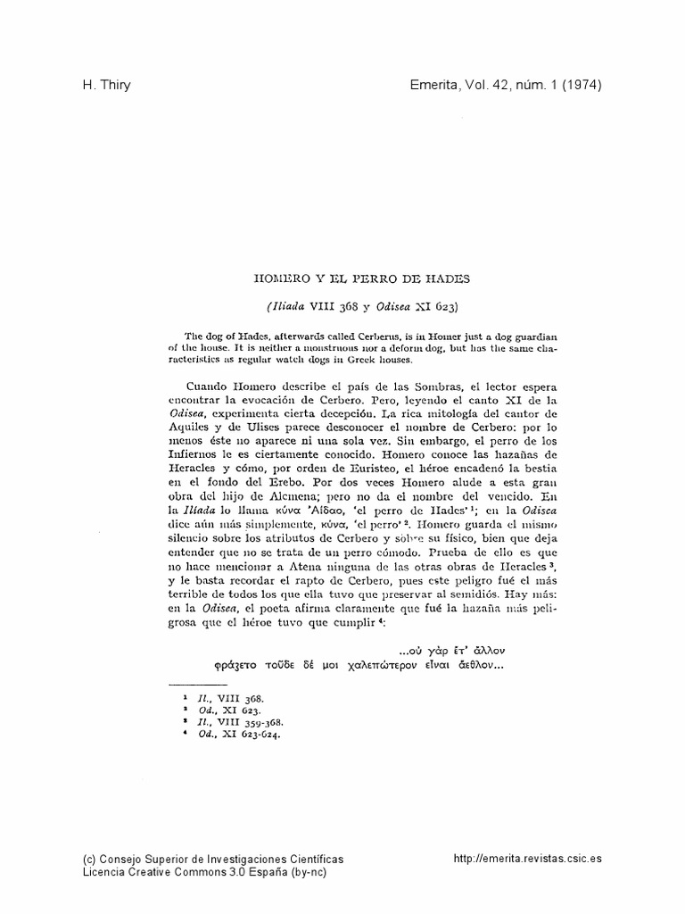 Homero y El Perro de Hades (Iliada VIII 368 y Odisea XI 623) | PDF
