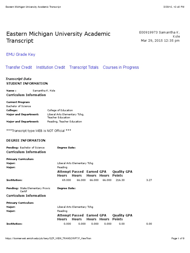 Eastern Michigan University Academic Transcript | PDF | Academia ...