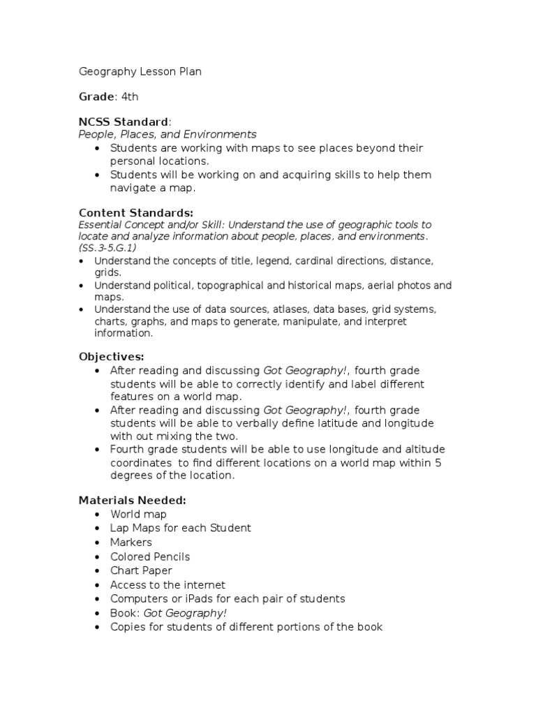 Grade: 4th NCSS Standard:: People, Places, and Environments | PDF ...