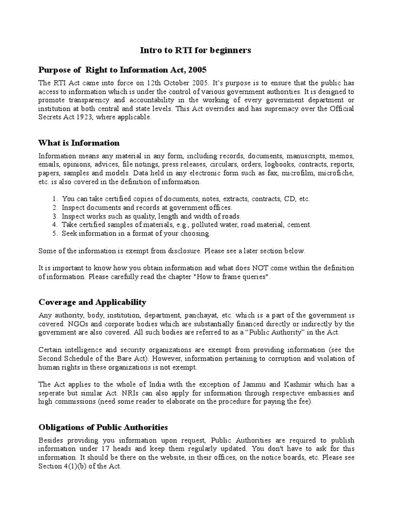 An Introduction to the Right to Information Act: Purposes, Procedures ...
