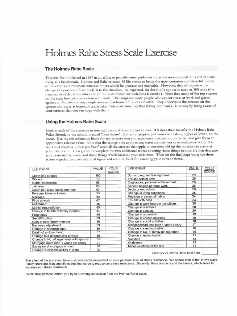 The Holmes And Rahe Stress Scale Holmes Rahe Stress Scale Exercise