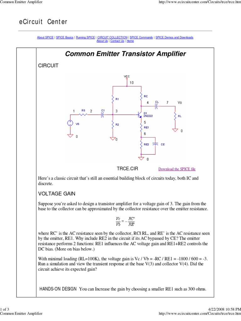 Common Emitter Amplifier | Download Free PDF | Amplifier | Spice