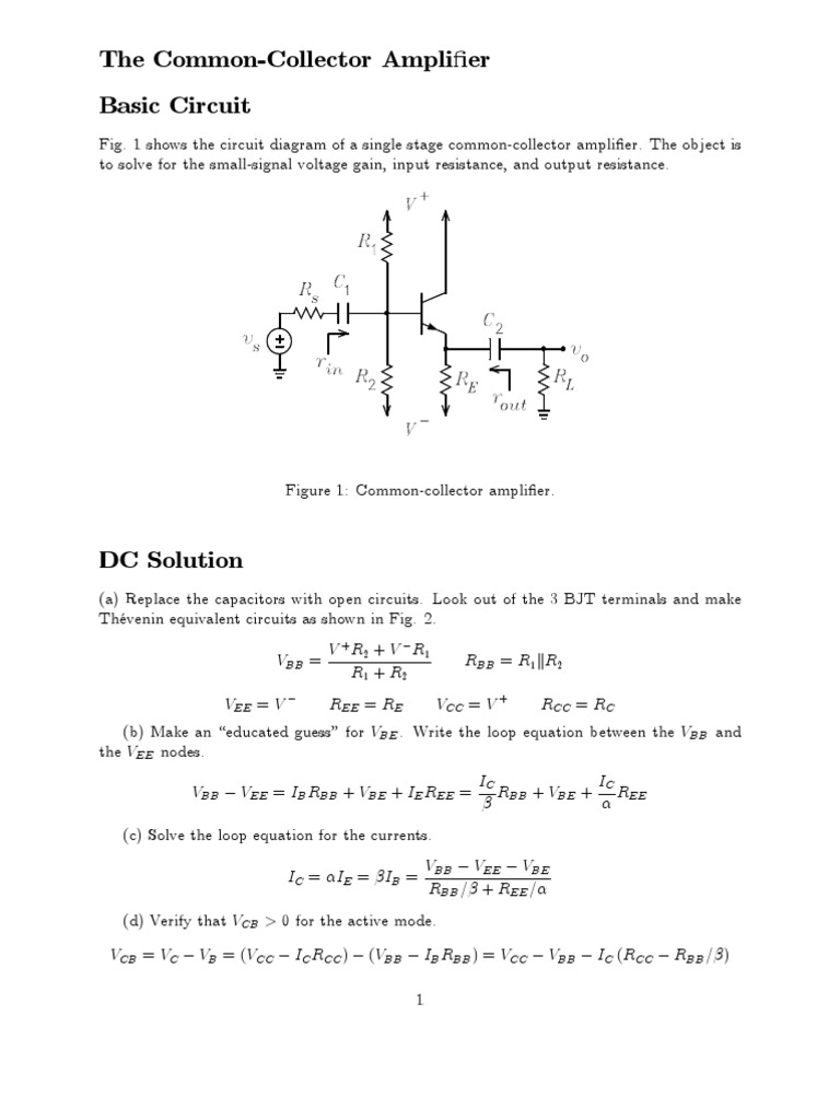 The Common-Collector Amplifier Basic Circuit: + 2 1 1 2 BB 1 2 EE E CC ...