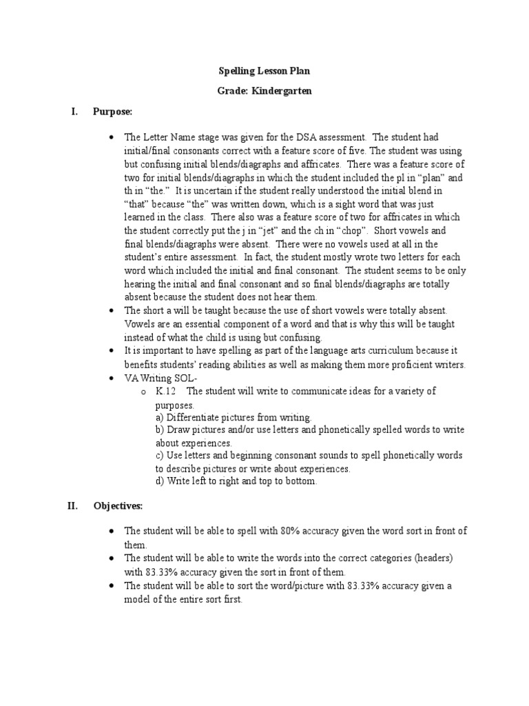 Kindergarten Spelling Lesson Plan | PDF | Consonant | Vowel
