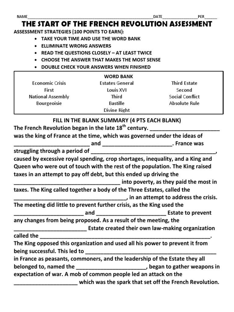 French Revolution Fill-in-the-Blank Quiz | PDF | French Revolution | France