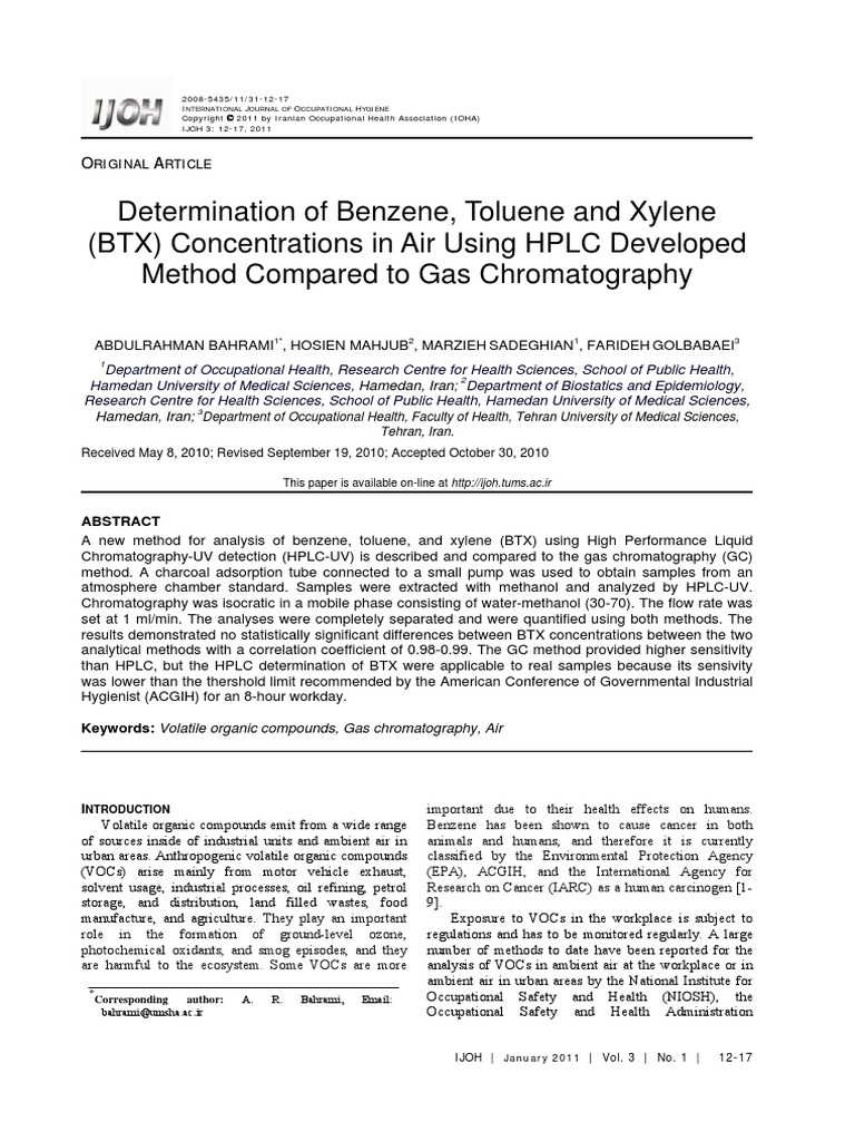Determination of Benzene, Toluene and Xylene (BTX) Concentrations in ...
