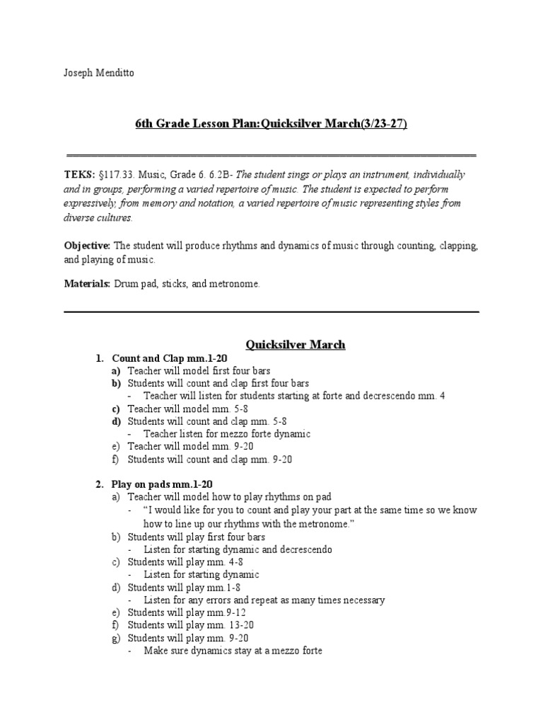 6th Grade Lesson Plan (Quicksilver) | PDF | Rhythm | Elements Of Music