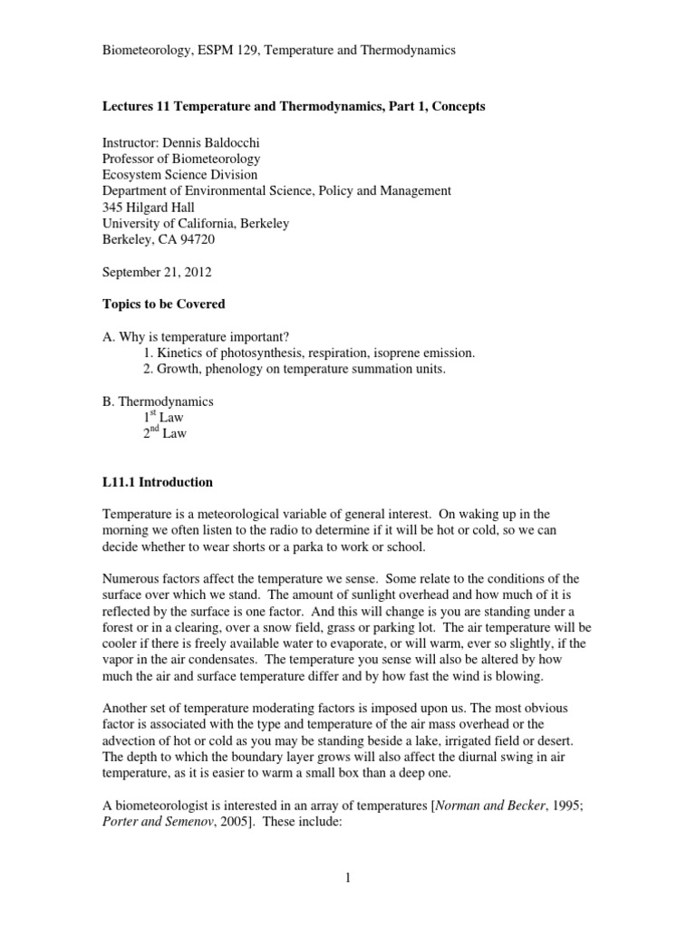 Lecture 11 Temperature and Thermodynamics Part 1 Concepts Notes | PDF ...