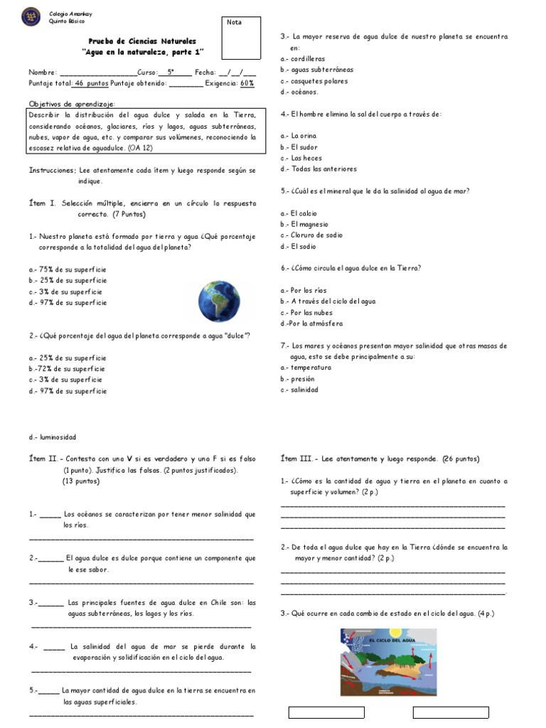 Prueba 1 Ciencias 5° Básico Agua en La Naturaleza | PDF | Agua dulce ...