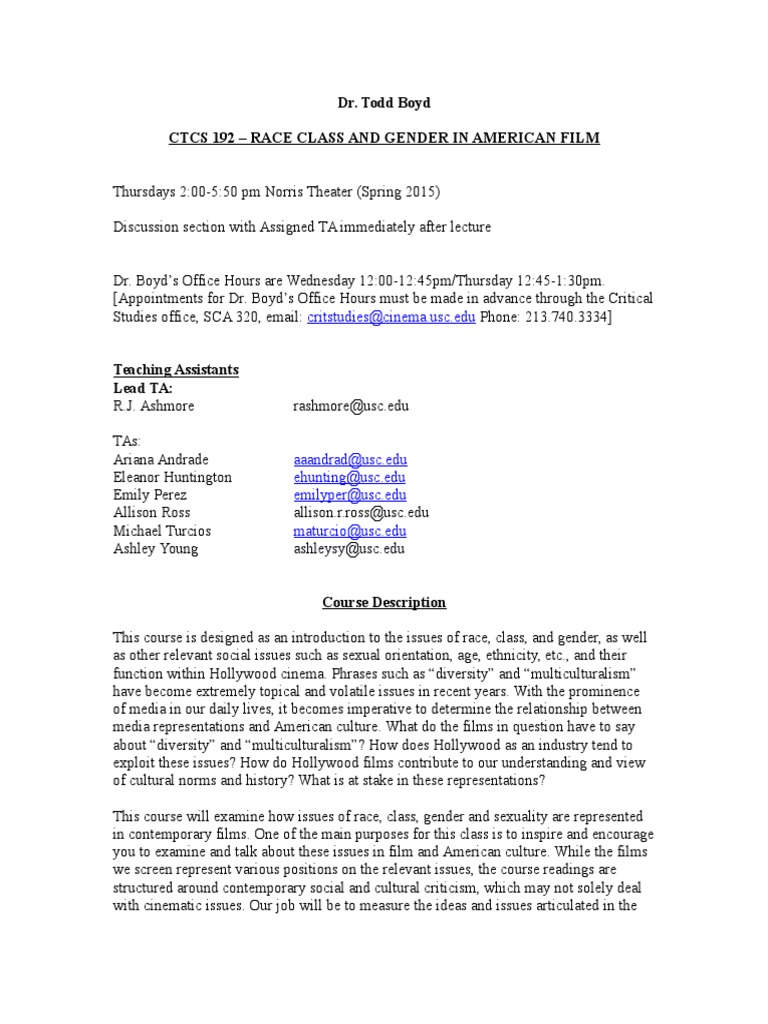 Race, Class, and Gender in Film Course | PDF | Gender | Gender Studies