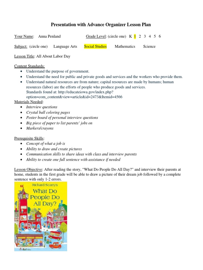 Labor Day Lesson for 1st Grade | PDF | Understanding | Lesson Plan