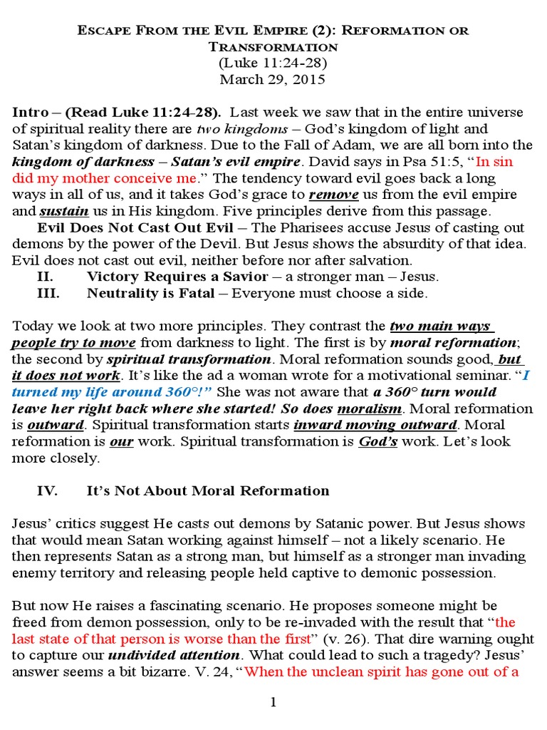 Luke 11 24 28 Escape From The Evil Empire 2 Reformation Or