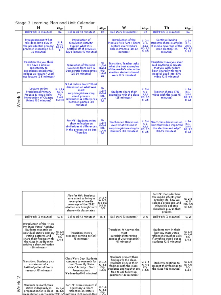 Stage 3 Learning Plan and Unit Calendar: M T W TH | PDF | United States ...