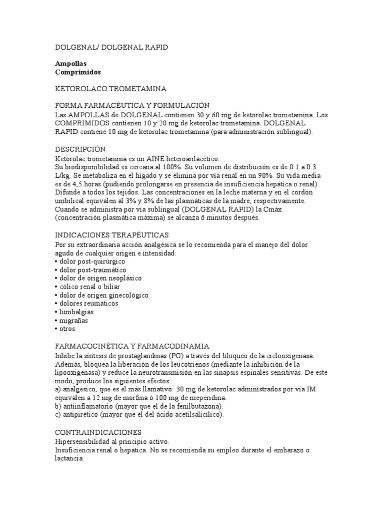 Uso y Dosis de Dolgenal (Ketorolaco) | PDF | Drogas | Medicina CLINICA