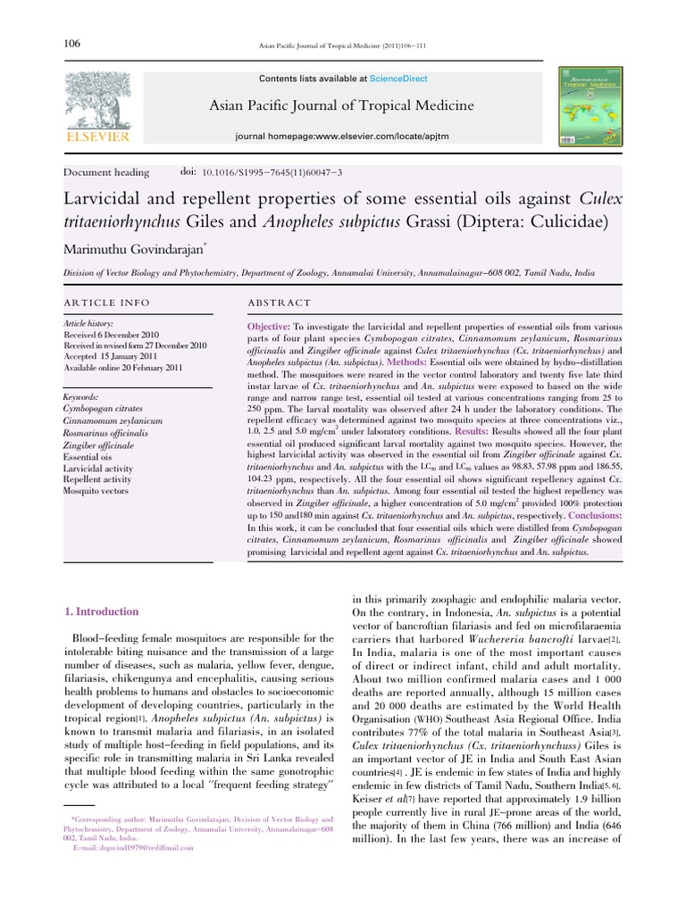 Larvicidal and Repellent Properties of Some Essential Oils Against ...