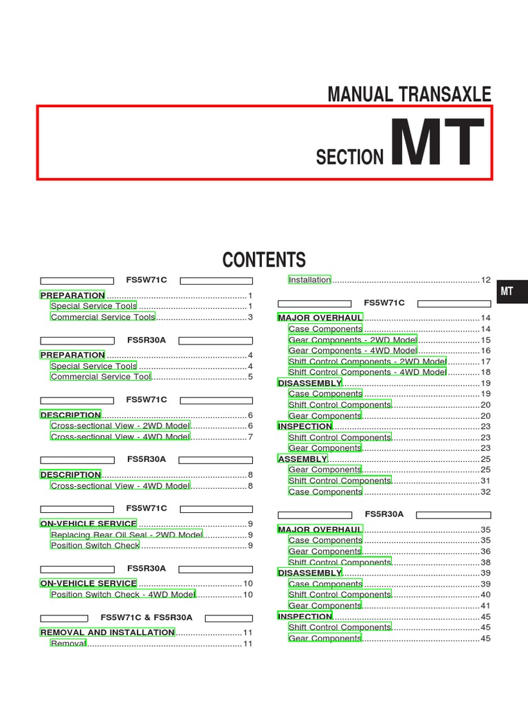 Nissan Seccion MT Standar Fs5w71c, Fs5r30a, Fs5w71c, Fs5r30a | PDF ...