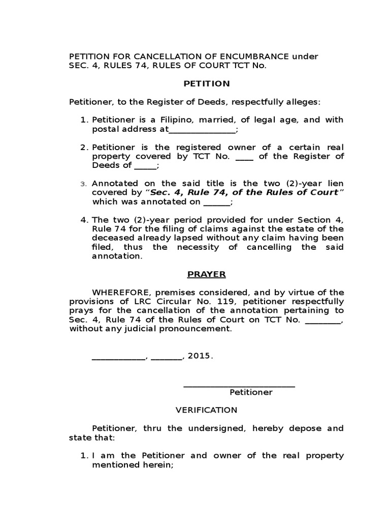 Petition For Cancellation of Encumbrance Under Section 4 Rule 74 of The ...