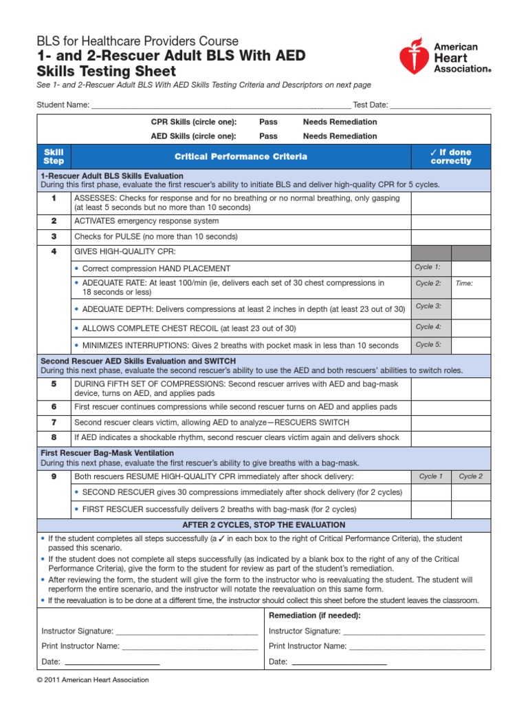 1-And 2-Rescuer Adult BLS With AED Skills Testing Sheet: BLS For ...