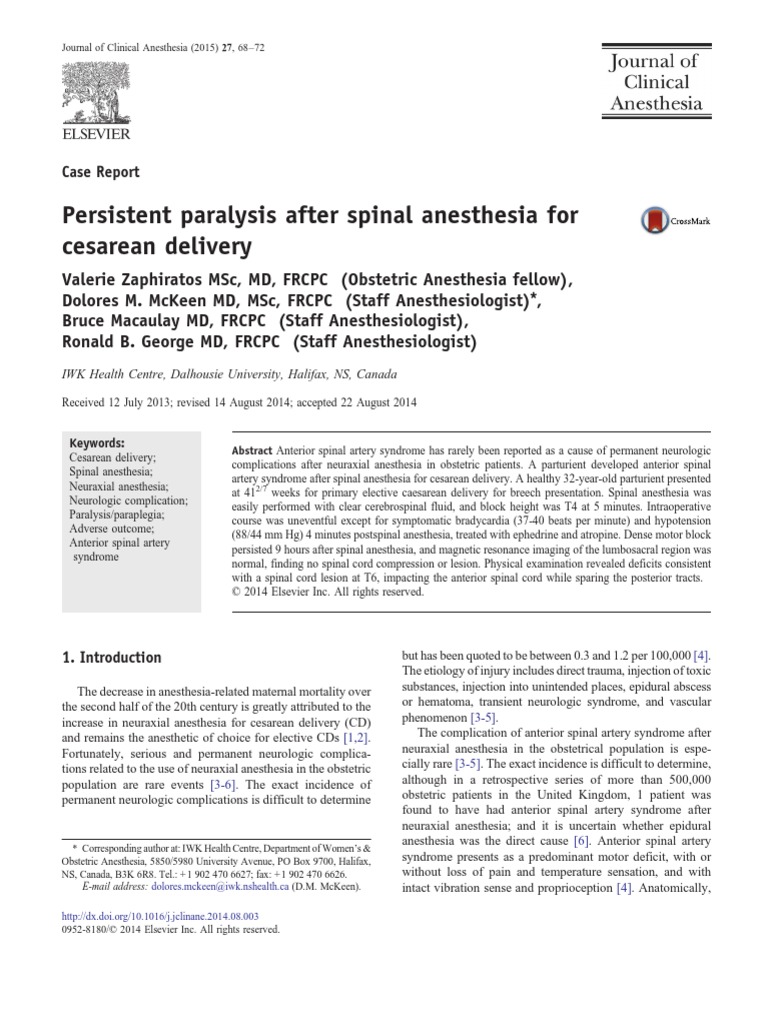 Persistent paralysis after spinal paresthesia.pdf | Anesthesia | Ischemia