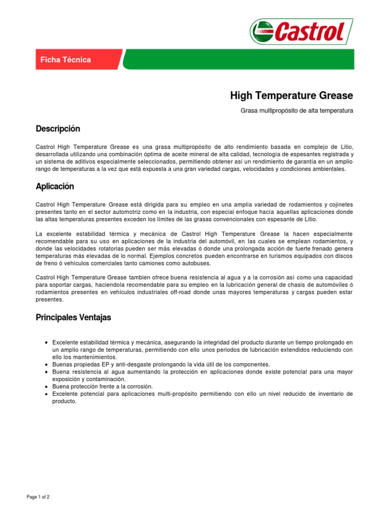 Ficha técnica de la grasa multipropósito de alta temperatura Castrol ...